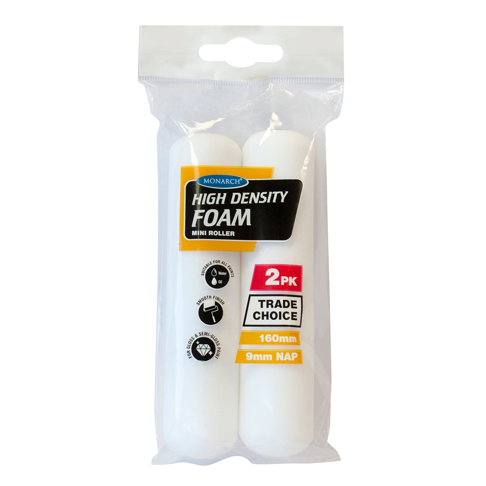 Monarch 160mm High Density Foam Mini Rollers 9mm Nap - 2PK - Paintworld