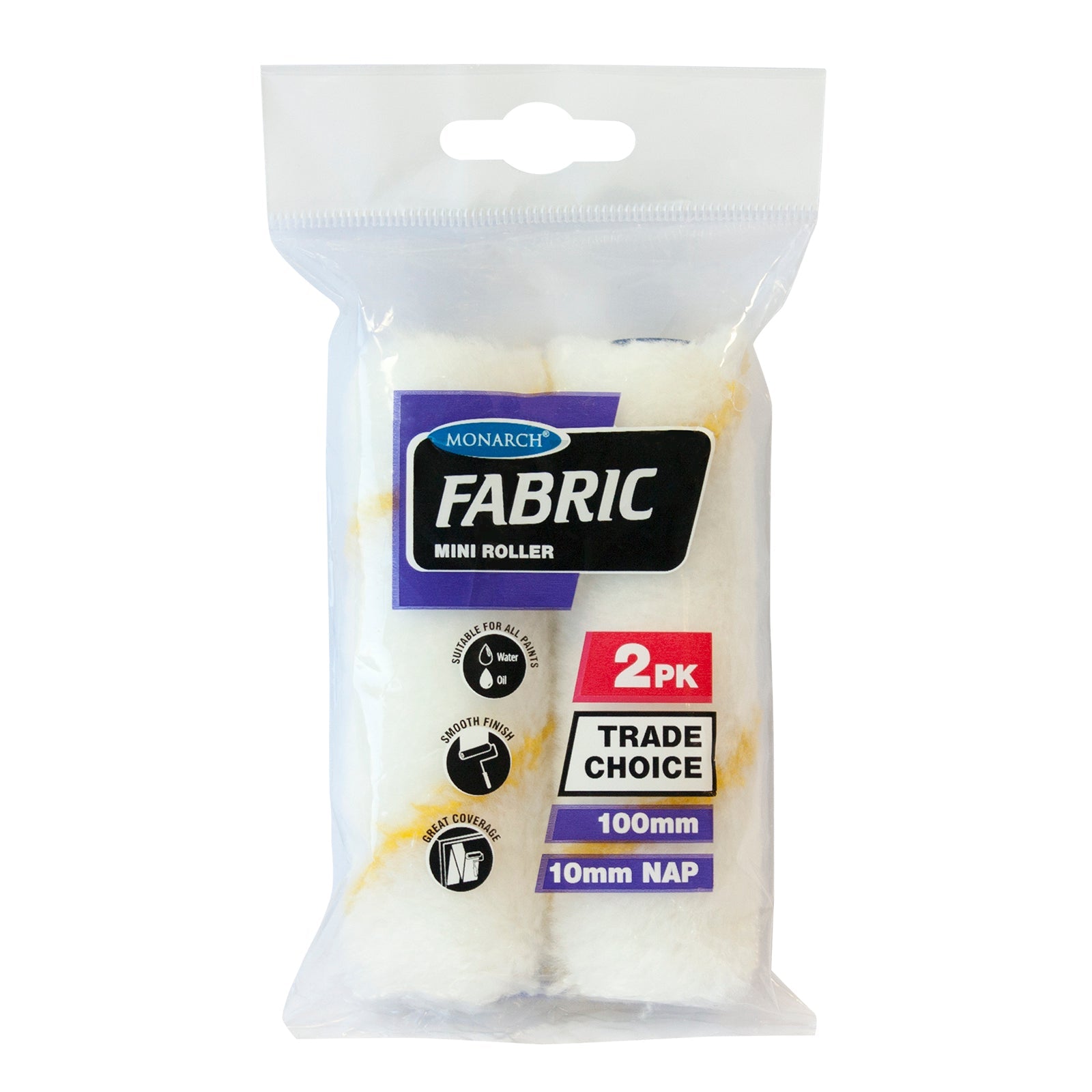 Monarch 100mm Fabric Mini Rollers 10mm Nap - 2PK - Paintworld